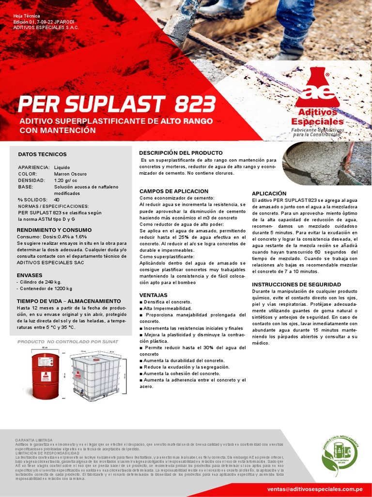 FT Per Suplast 823 | PDF | Hormigón | Agua