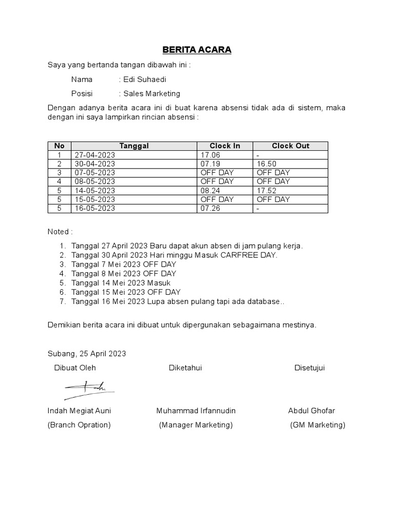 Format Berita Acara Absen Manual EDI | PDF