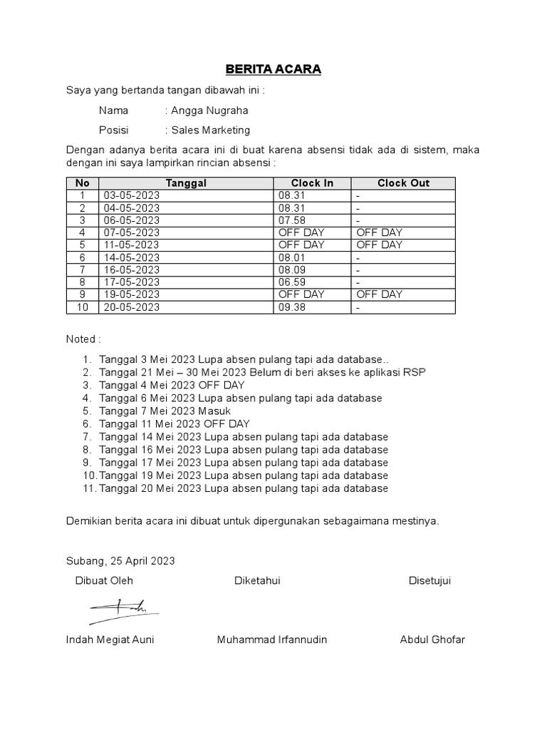 Format Berita Acara Absen Manual ANGGA | PDF