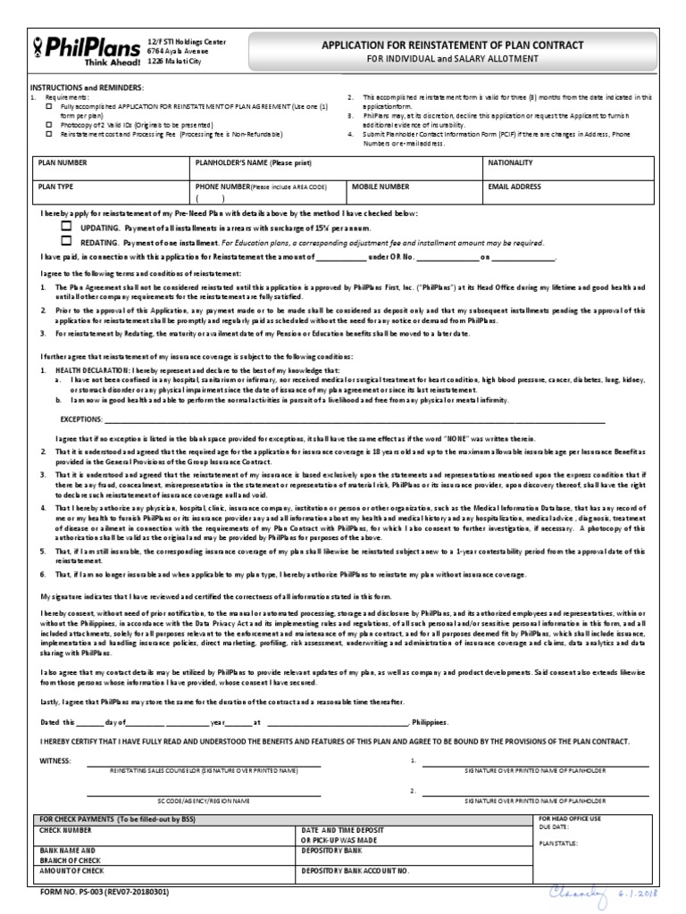 Application for Reinstatement of Plan Contract INDIVIDUAL | PDF ...