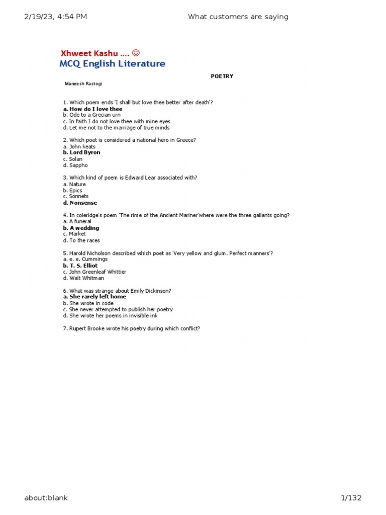 English Literature Mcqs | PDF | Poetry | Metre (Poetry)