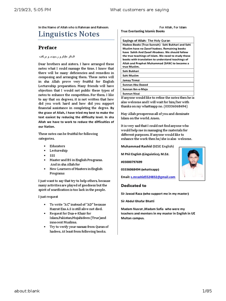 Linguistics Notes | PDF | Verb | Pronoun