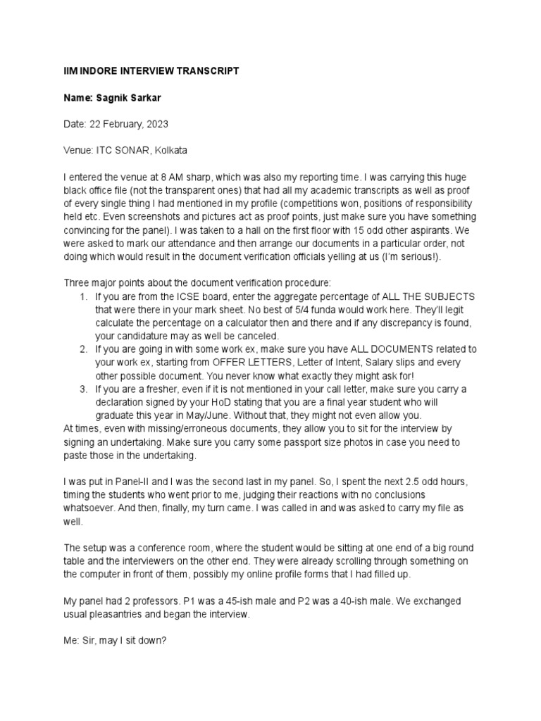 IIM Indore Interview Experience: Sagnik Sarkar | PDF | Career & Growth ...