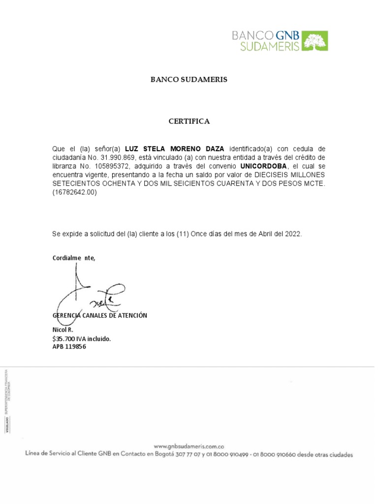 BANCO SUDAMERIS Paz y Salvo | PDF