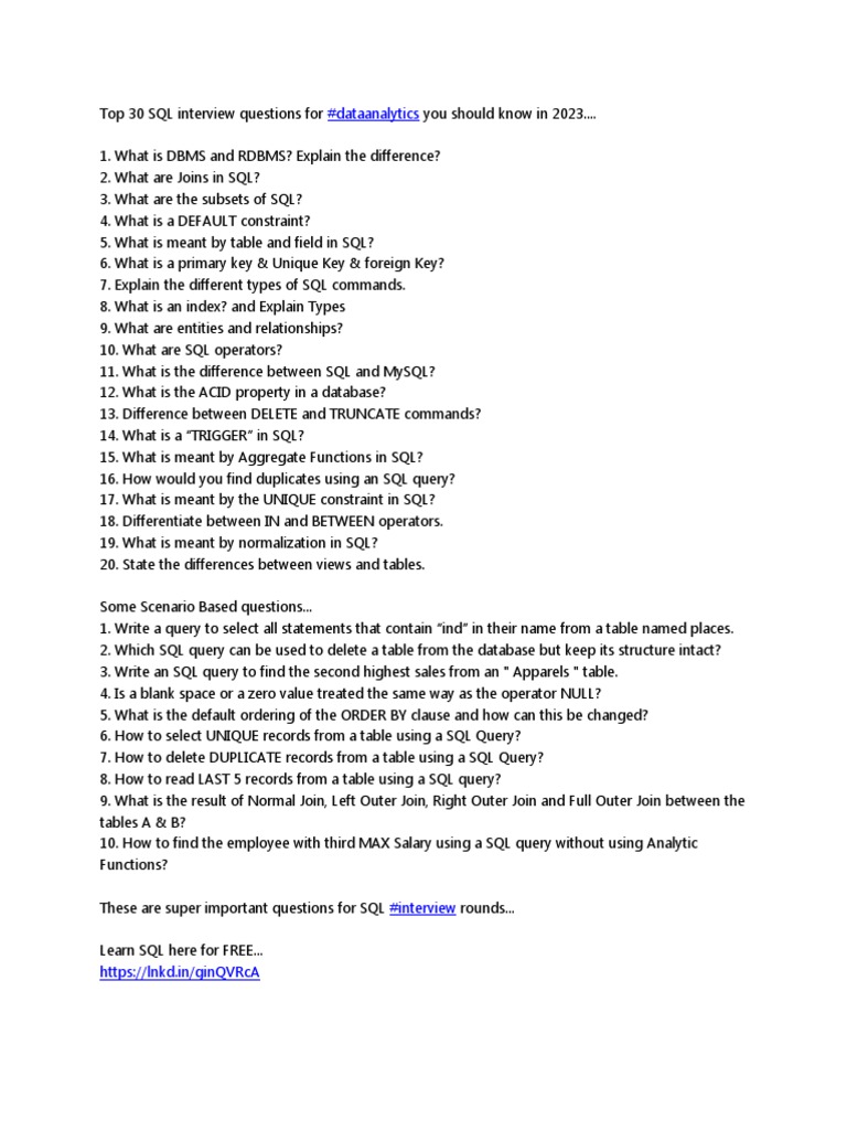 Top SQL Interview Questions 2023 | PDF | Computers