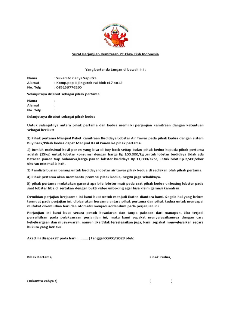 Surat Perjanjian Kemitraan Pt Claw Fish Indonesia Pdf