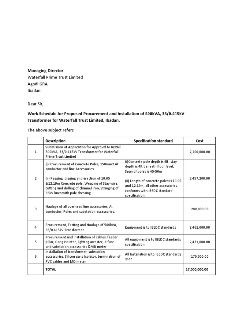 Work Schedule Waterfall 500kVA | PDF | Electrical Substation | Power ...