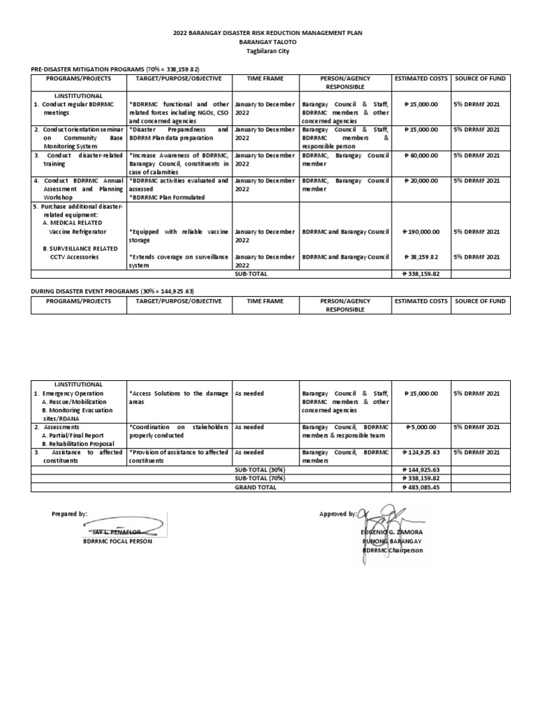 2022 Barangay Disaster Risk Reduction Management Plan | PDF | Emergency ...