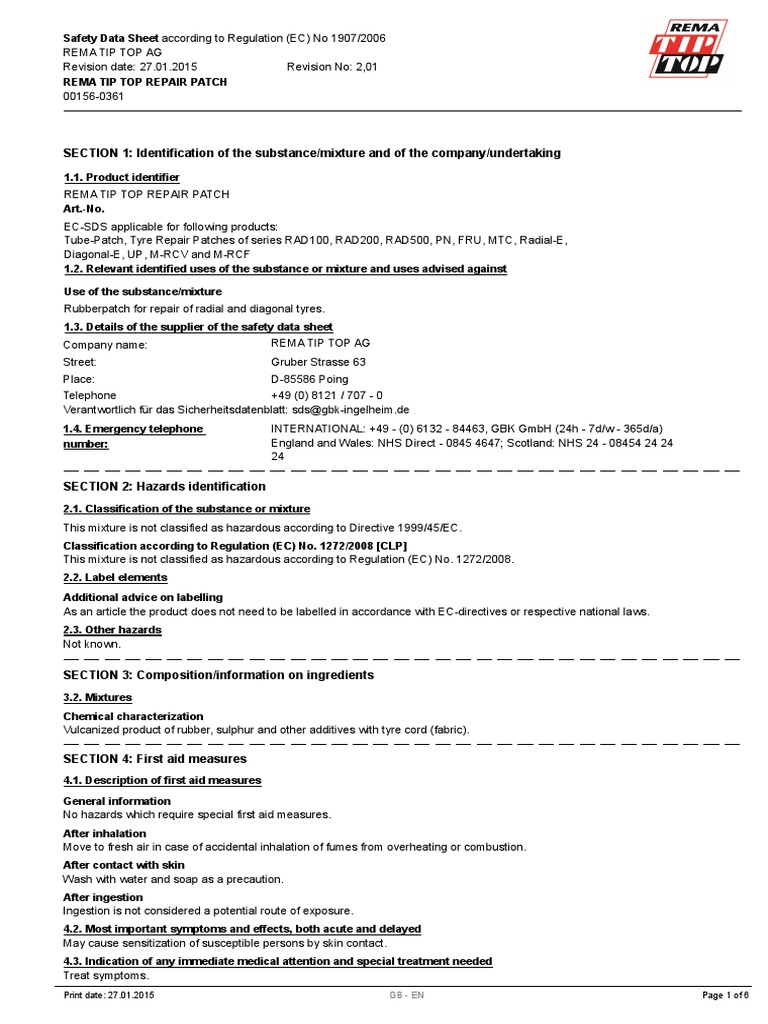 REMA TIP TOP Repair Patch Safety Data Sheet | PDF | Dangerous Goods ...