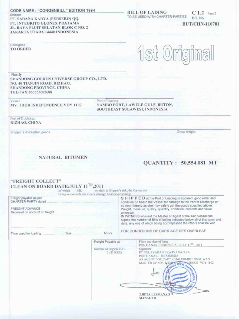 Original BL Issued MV Thor Independence Voy 1102 | PDF