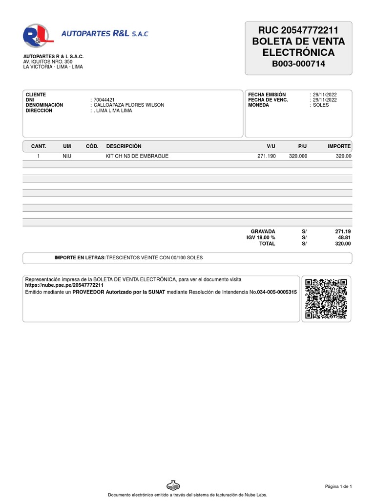 Boleta de Venta Electrónica: Av. Iquitos Nro. 350 La Victoria - Lima ...