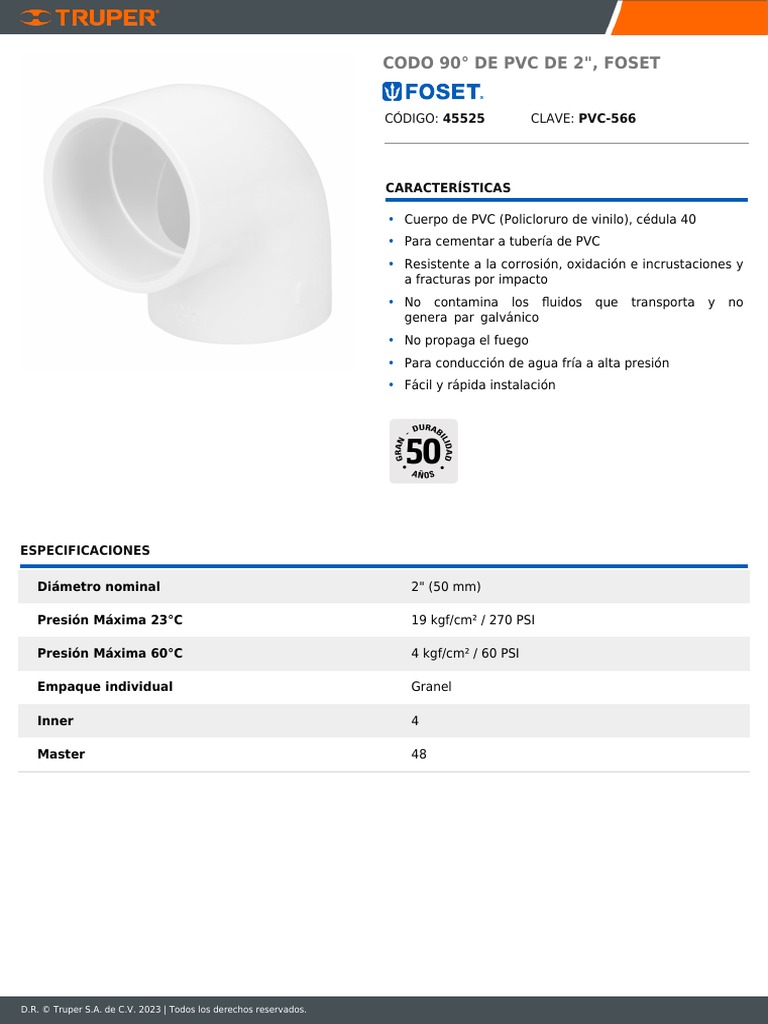 Ficha Tecnica Codo PVC de 50 | PDF