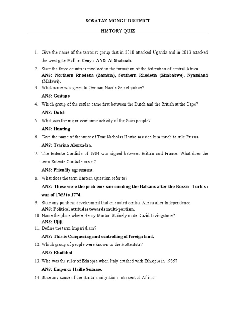 Central African History Quiz Questions | PDF | Fascism | Benito Mussolini