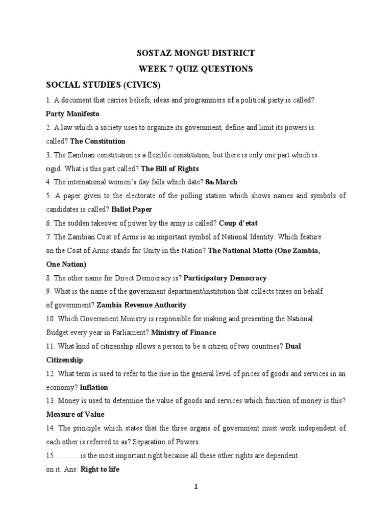 Social Studies Quiz Questions | PDF | Zambia | Constitution