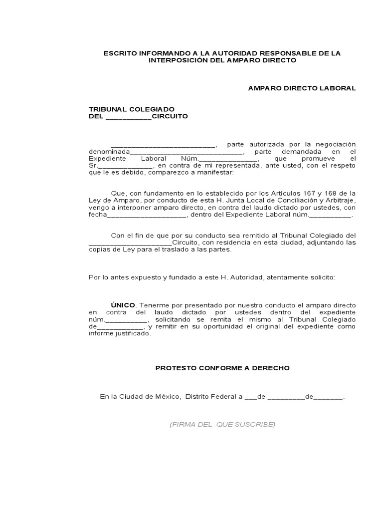 Escrito Informando A La Autoridad Responsable de La Interposición Del ...