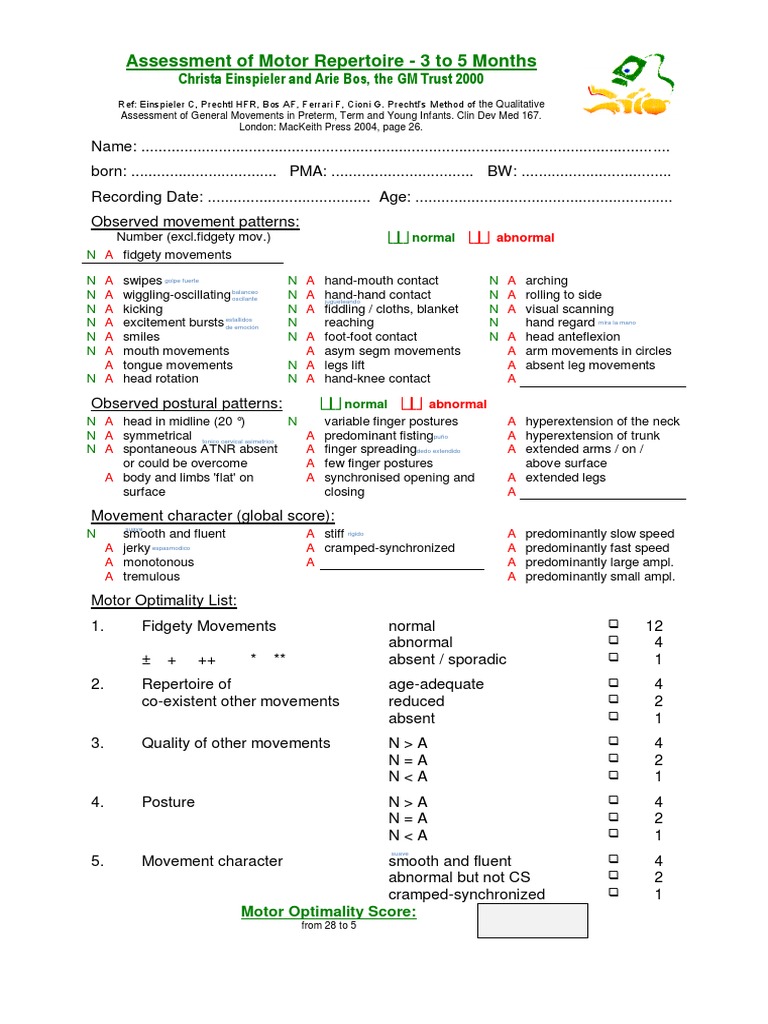 Assessment of Motor Repertoire - 3 to 5 Months (1) | PDF | Anatomical ...