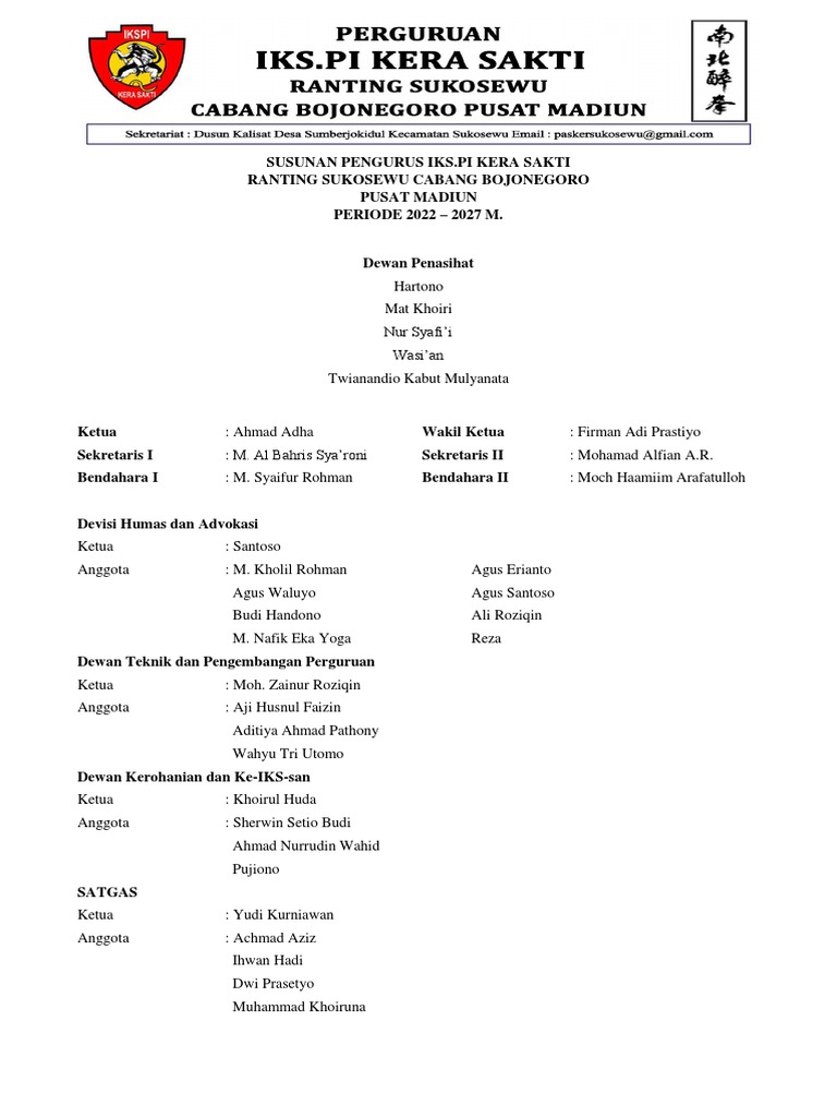 Susunan Pengurus IKS - PI Kera Sakti Ranting Sukosewu | PDF