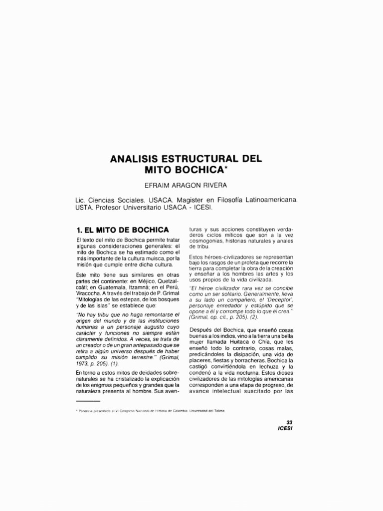 Analisis Estructural Mito de Bochica | PDF | Mitología | Lectura (proceso)