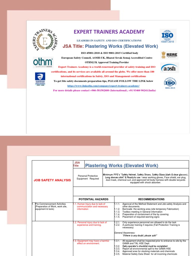 EXPERT-JSA Plastering Works (Elevated Work) - 1 | PDF | Personal ...