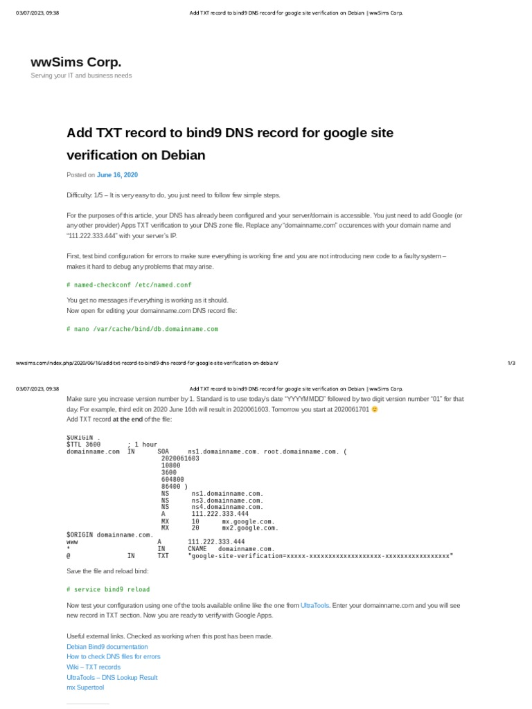 Add TXT Record To Bind9 DNS Record For Google Site Verification On Debian - Wwsims Corp ...