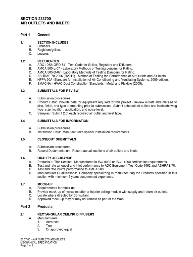 Air Outlets and Inlets Specification | PDF | Duct (Flow) | Building ...