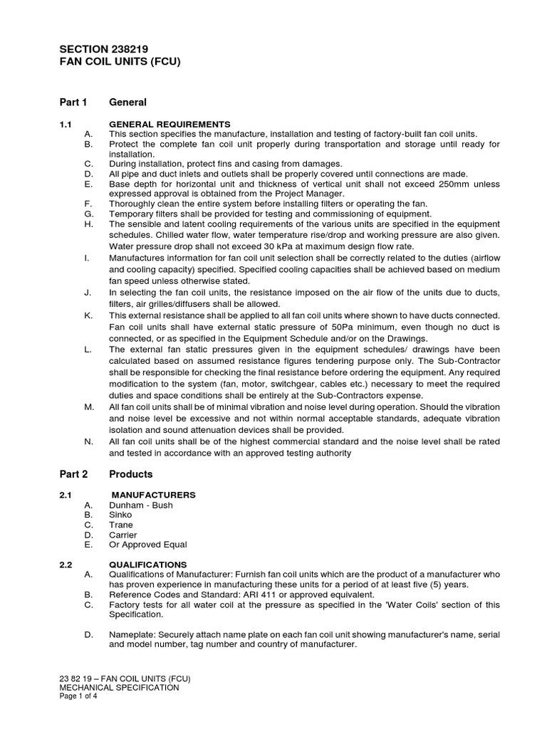23 82 19 - Fan Coil Units | PDF | Duct (Flow) | Electrical Connector