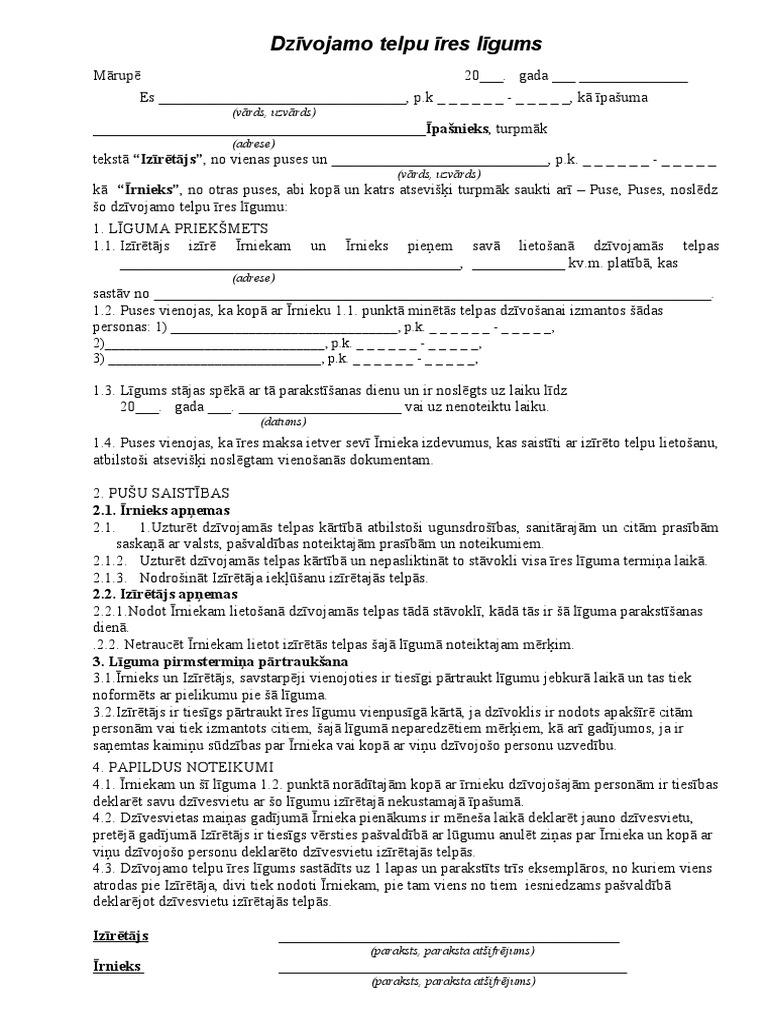 Dzīvokļa Īres Līgums (Paraugs) | PDF
