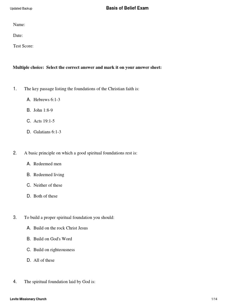 Foundations of Faith - EXAM | PDF | Baptism | Spiritual Gift