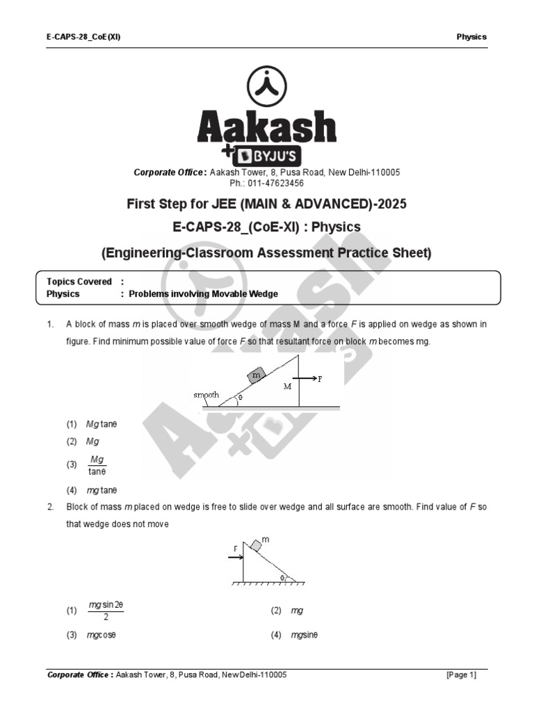 E-CAPS-28 - For CoE (XI) - Physics - (Que. - Answer Key) | PDF | Mass | Force