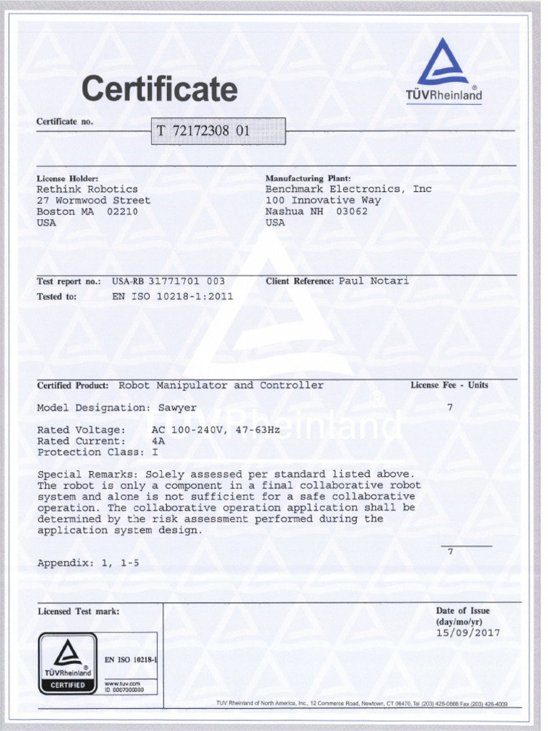 TUV ISO 10218 1 Cert Rethink Robotics | PDF