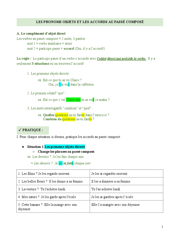 Les Pronoms Objets Et Les Accords Au Passé Composé | PDF | Pronom | Phrase