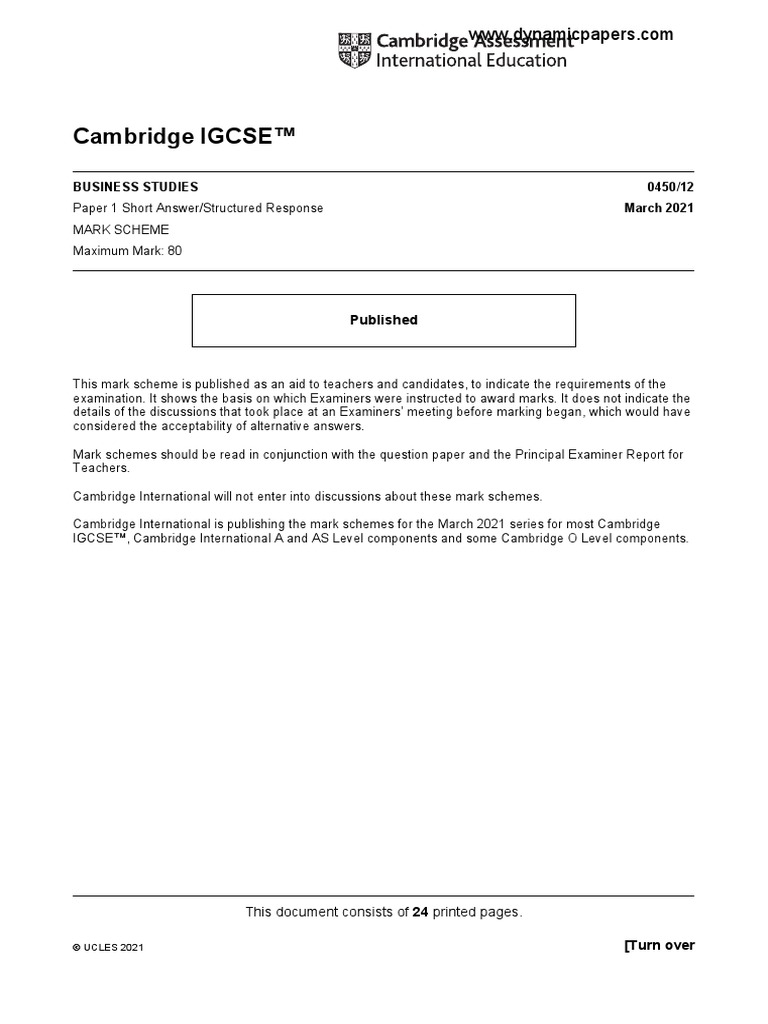 Cambridge IGCSE™: Business Studies 0450/12 March 2021 | PDF | Debt | Loans