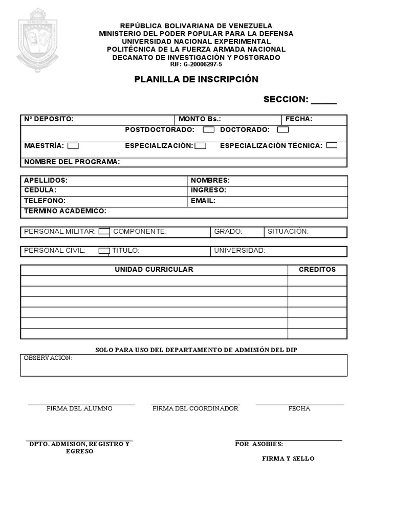 Planilla de Inscripción Postgrado | PDF
