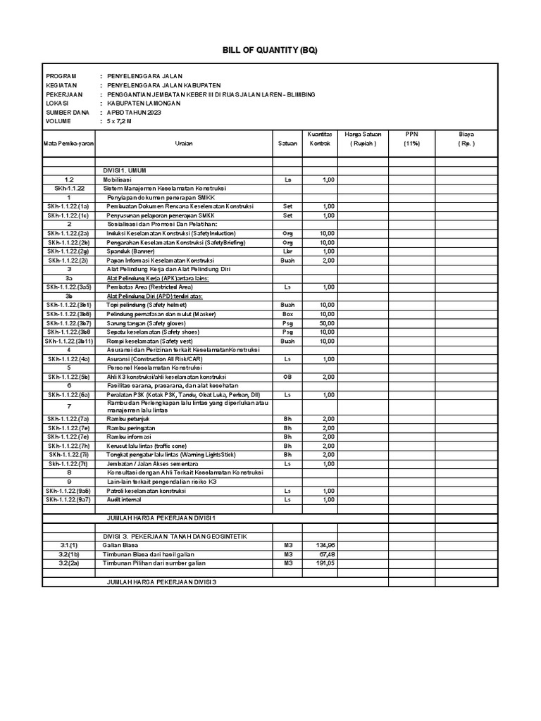 Bill of Quantity (BQ) | PDF
