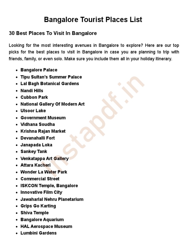 Instapdf In Bangalore Tourist Places List 674 Download Free Pdf