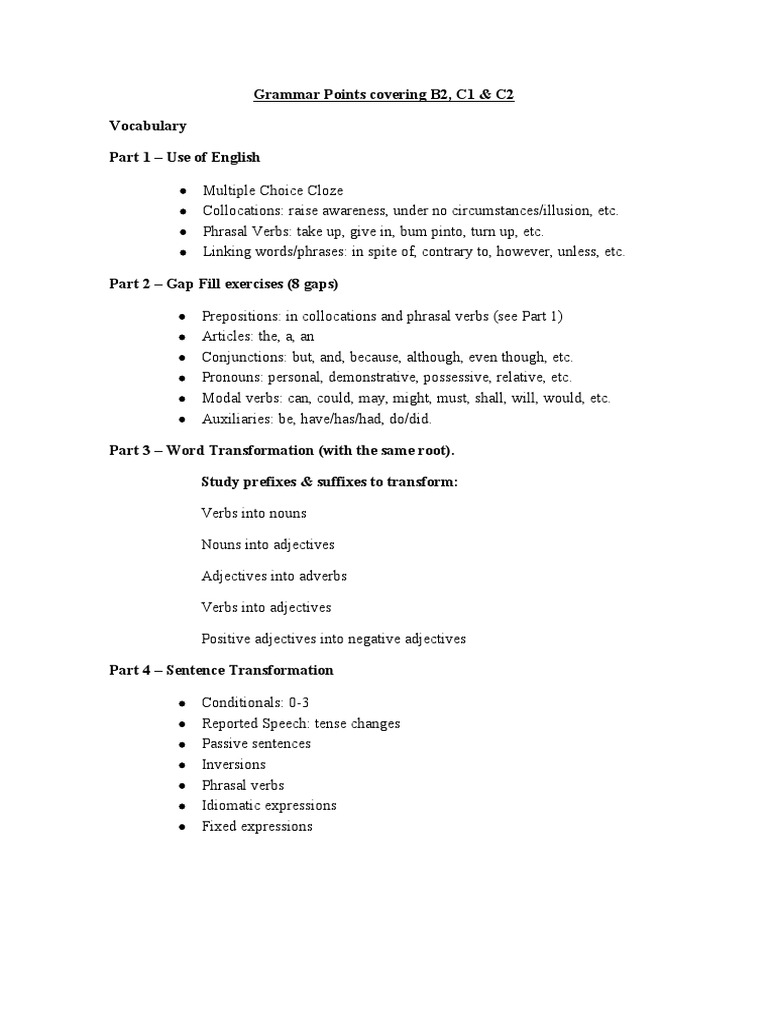 Grammar Points Covering B2, C1 & C2 | PDF