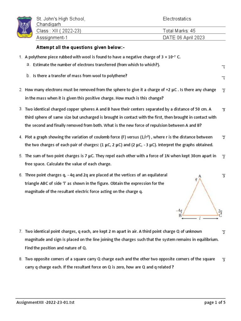 Assignment - 1 (Electric Charge and Coulomb's Law) | PDF | Electric ...