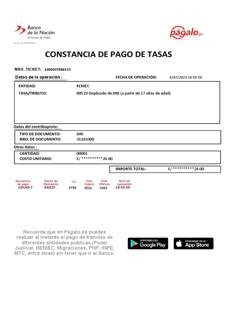 Constancia de Pago de Tasas: Reniec 00523 Duplicado de DNI (A Partir de 17 Años de Edad) | PDF
