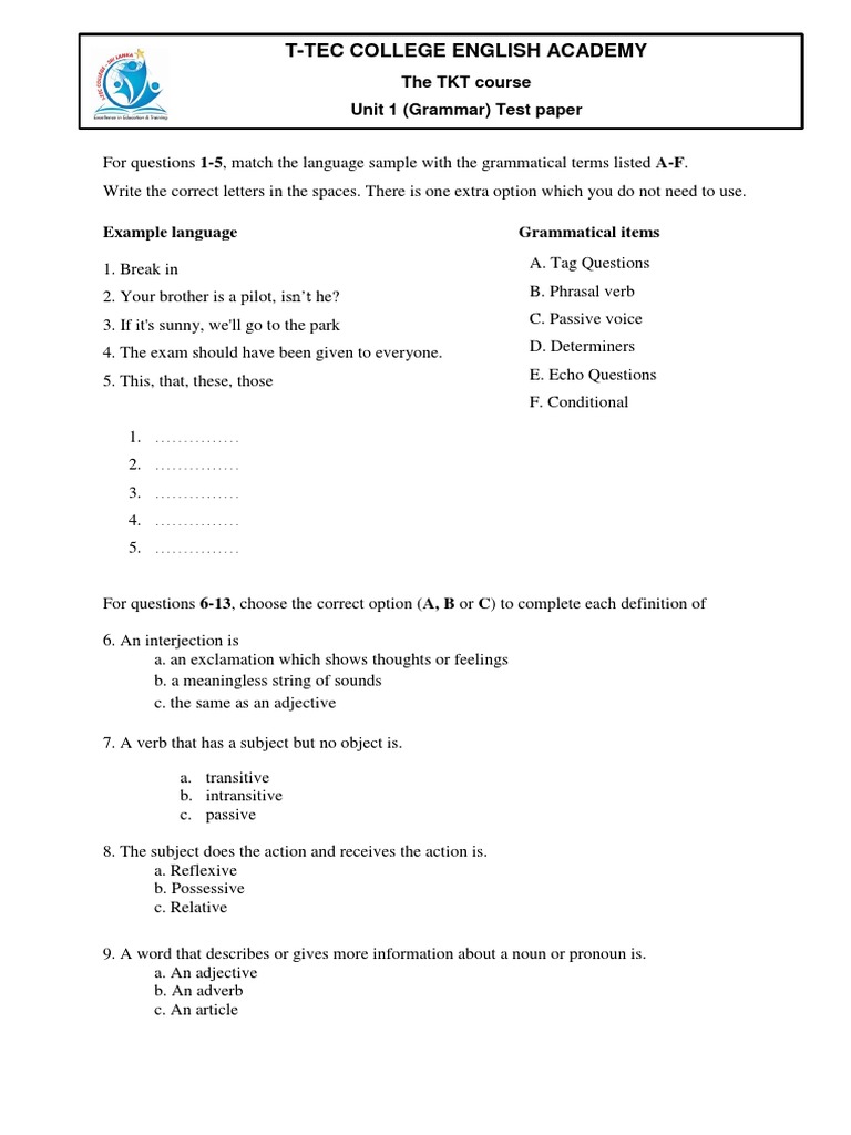 TKT Unit 1 Paper | PDF | Verb | Adjective