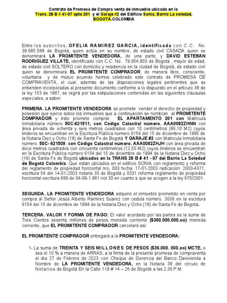 Contrato de Compra Venta Apto 201 | PDF | Conceptos legales | Derecho civil (sistema legal)