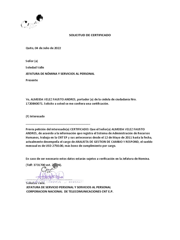 SOLICITUD DE CERTIFICADO | PDF