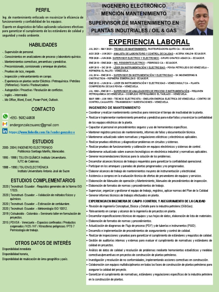 CV Ing. Mantenimiento - Ender Gonzalez JuLio 2023 | PDF | Ingeniería de confiabilidad | Ingeniería