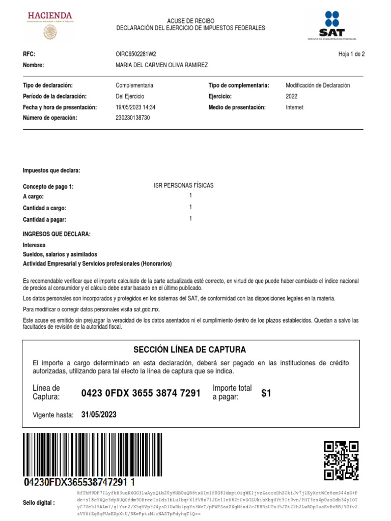 Acuse Anual 2022 Complementaria | PDF | Impuesto sobre la renta | Business