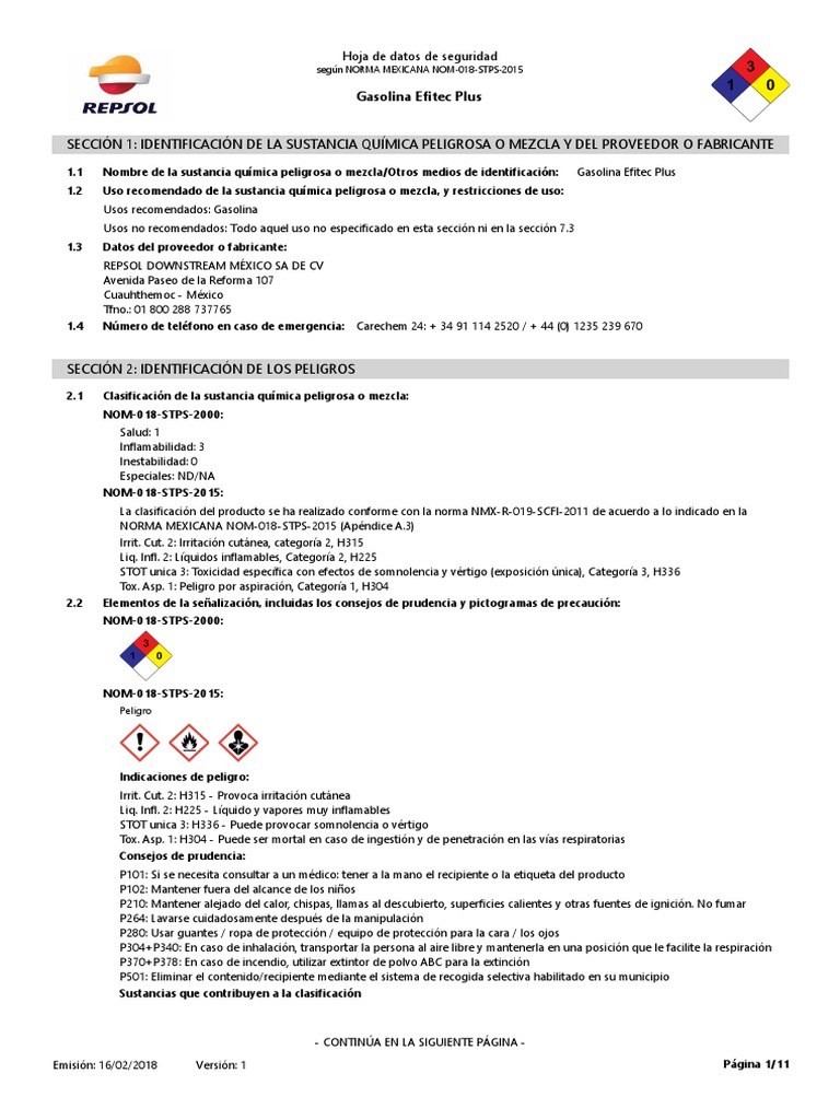 Hoja de Datos de Seguridad Gasolina Efitec PLUS | PDF | Residuos ...