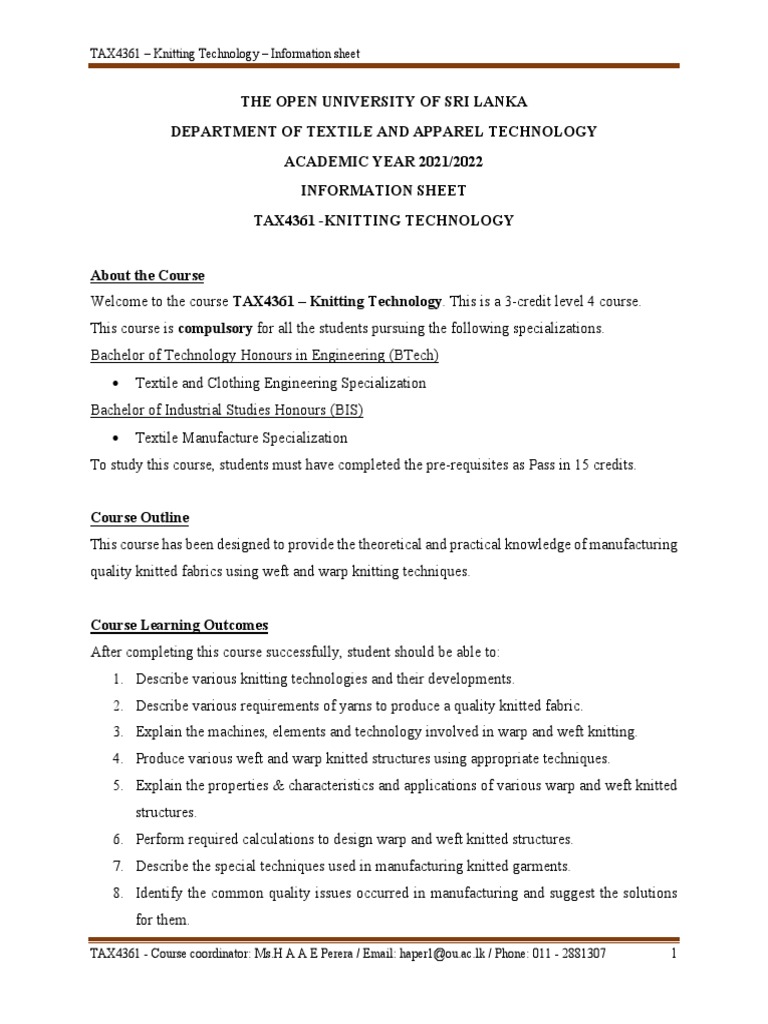 Course Information Sheet | PDF | Textiles | Knitting