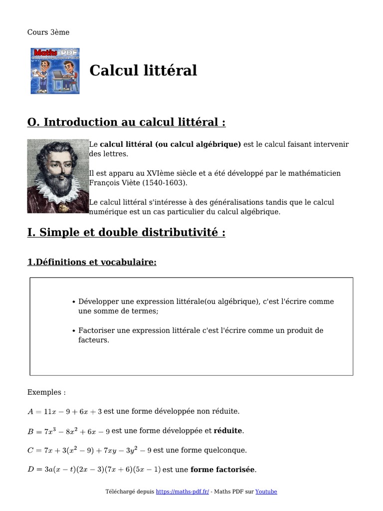 Cours sur le calcul littéral 3ème | PDF | Algèbre | Multiplication