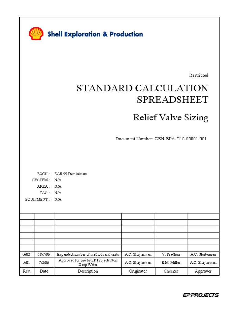 GEN EPA G10 00001 001 A02 Standard - Calculation - Spreadsheet - Relief ...