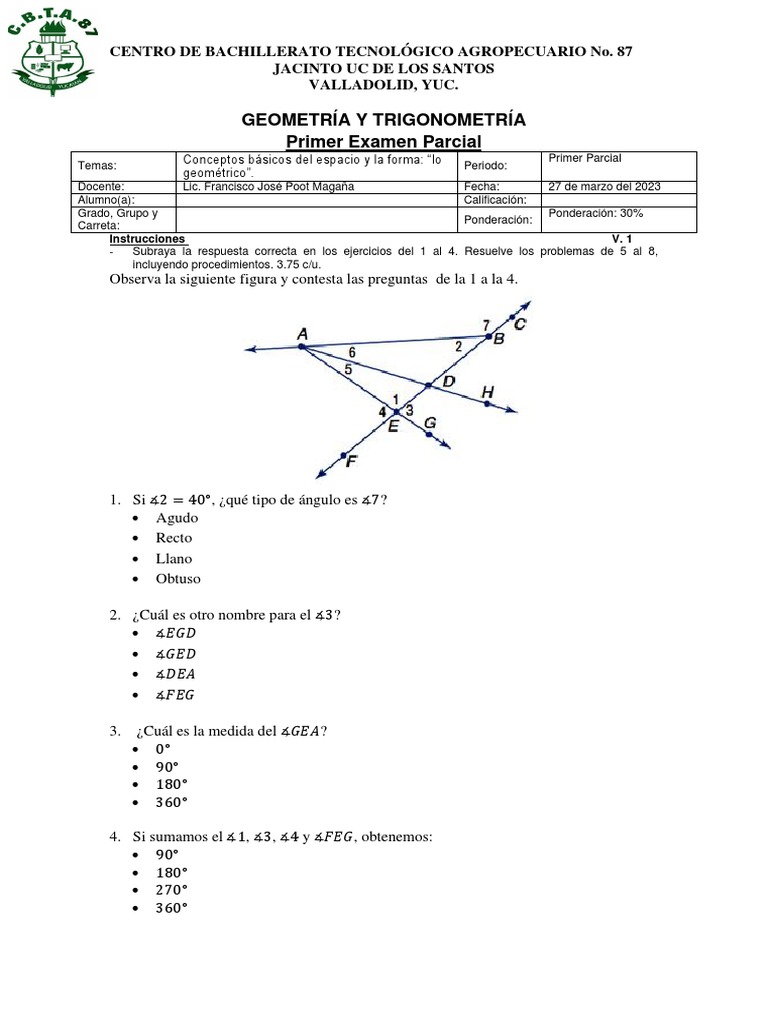 Primer Parcial Geometria Y Trigonometria V1 Pdf Ángulo Geometría