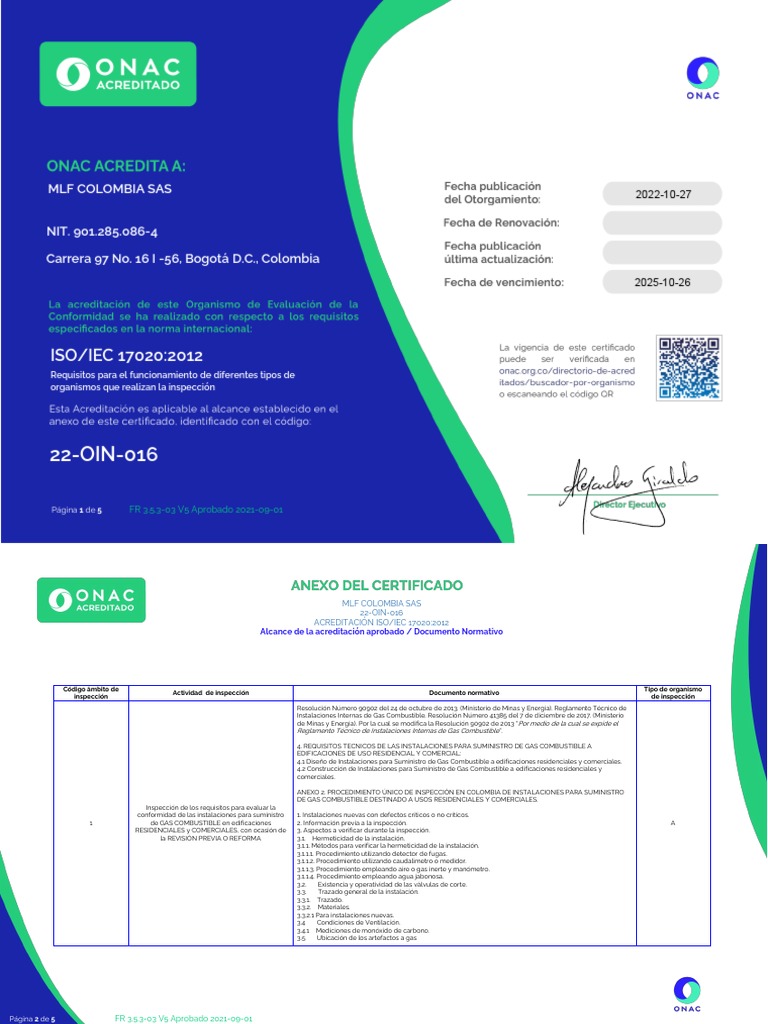 Certificado Onac MLF Colombia | PDF | Ventilación (Arquitectura ...