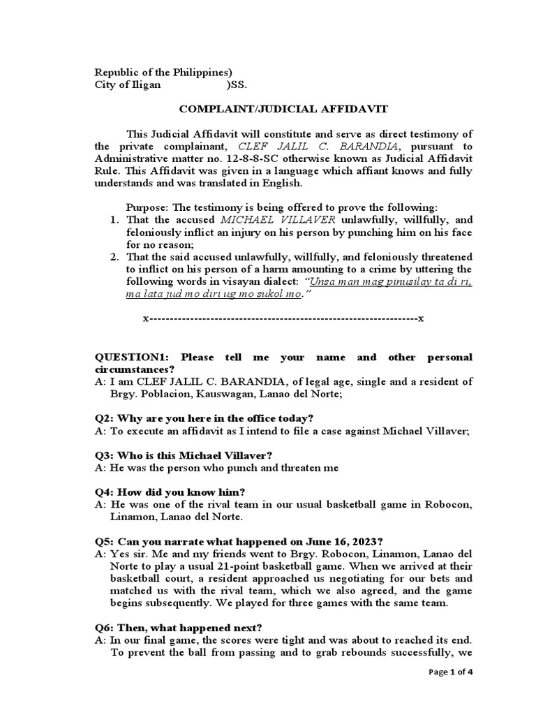 Legal Affidavit for Assault Case | PDF | Affidavit | Justice